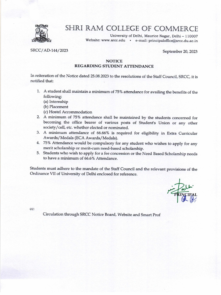 Notice Regarding Student Attendance | PDF