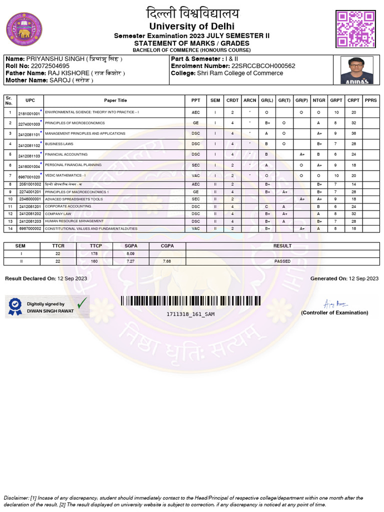 University of Delhi: Semester Examination 2023 JULY SEMESTER II ...