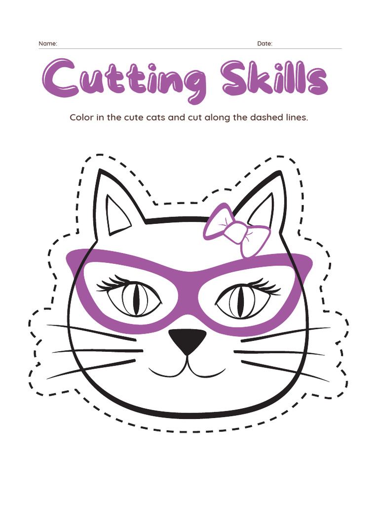 Cute Cat Cutting Skills Worksheet | PDF