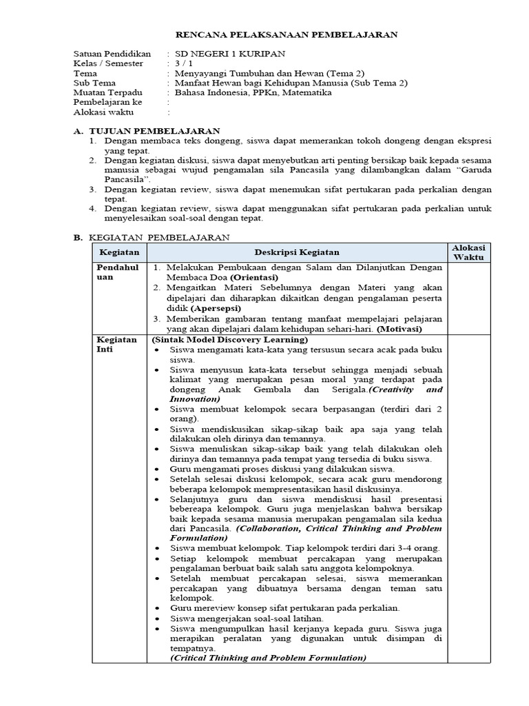 RPP Kelas 3: Menyayangi Tumbuhan dan Hewan | PDF | Karier & Perkembangan | Seni & Disiplin Bahasa