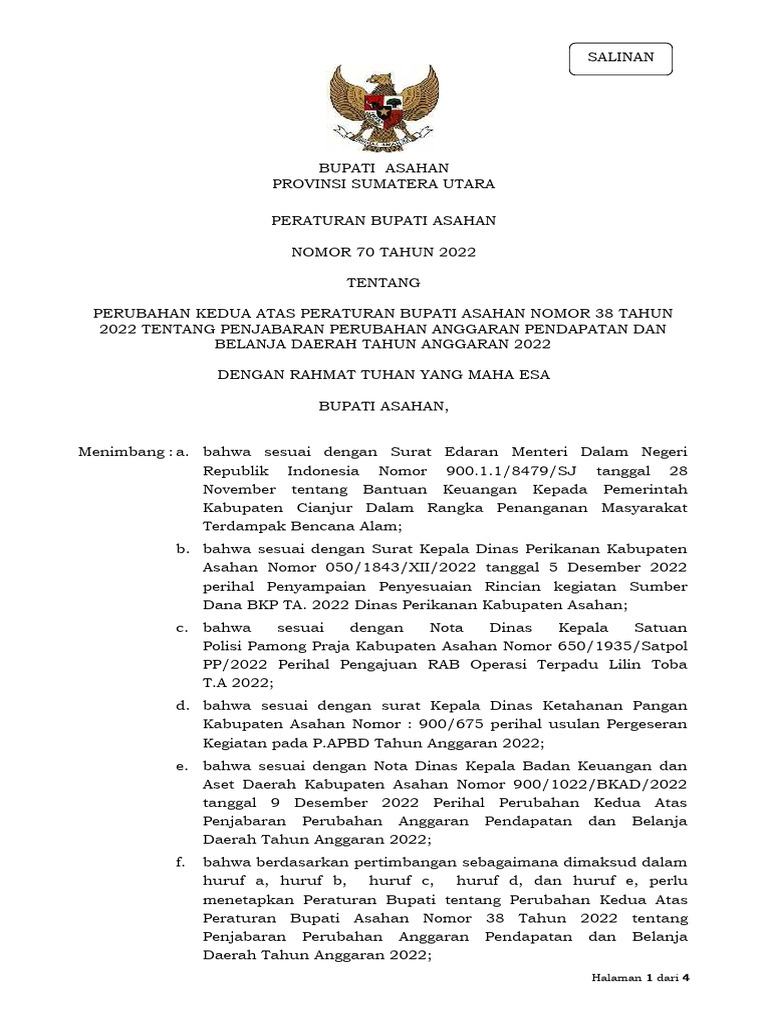 Perbup 70 Tahun 2022 Perubahan Kedua Atas Perbup 38 Tahun 2022 TTG Penjabaran P.APBD TA 2022 | PDF