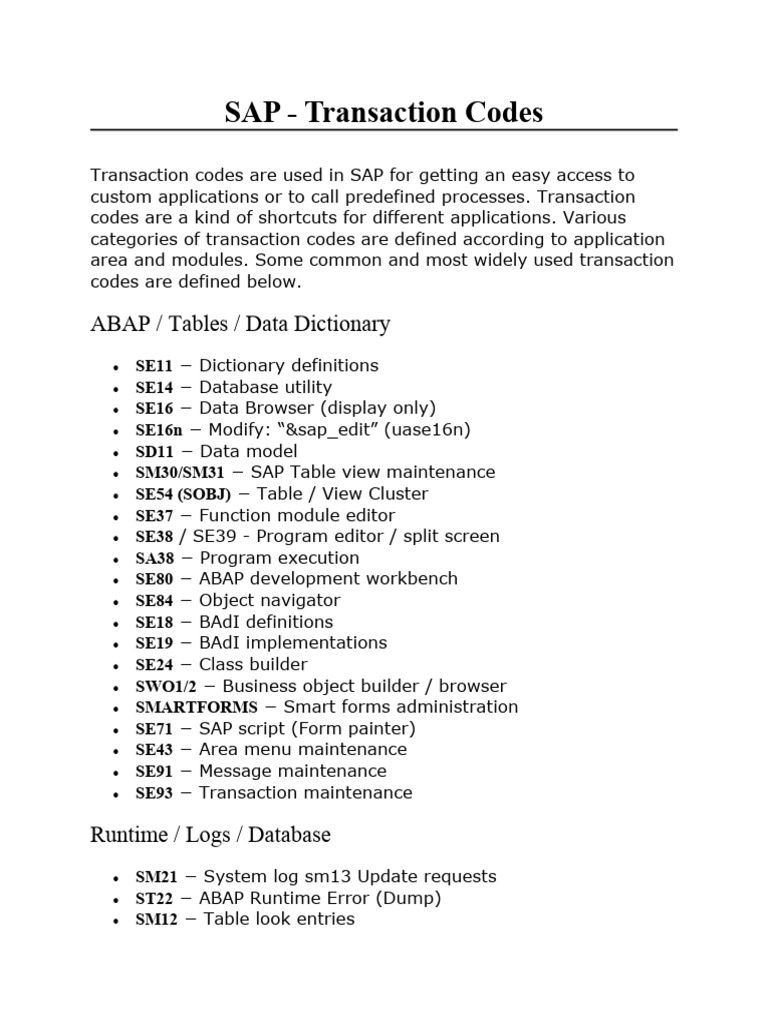 Commonly Used SAP T-Codes | PDF | Databases | Information Science