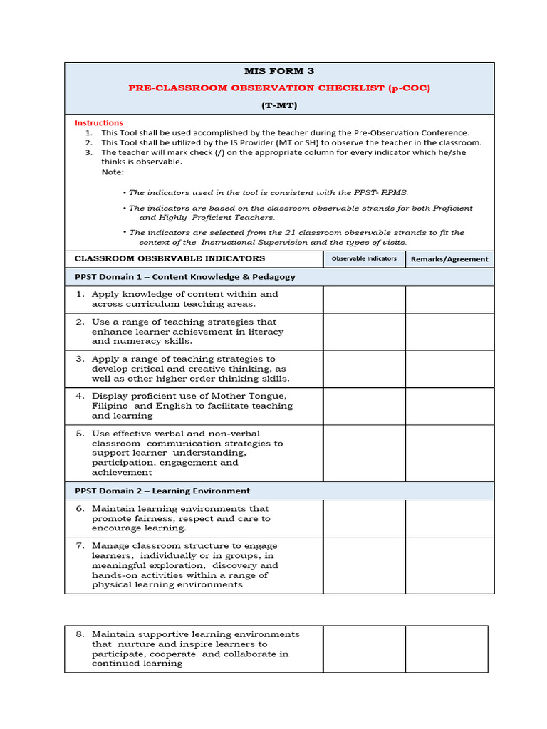 Pre-Classroom Observation Checklist | PDF