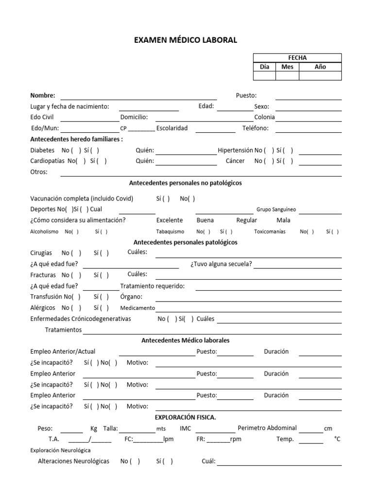 Formato de Examen Médico Laboral | PDF | Salud pública | Cuidado de la ...
