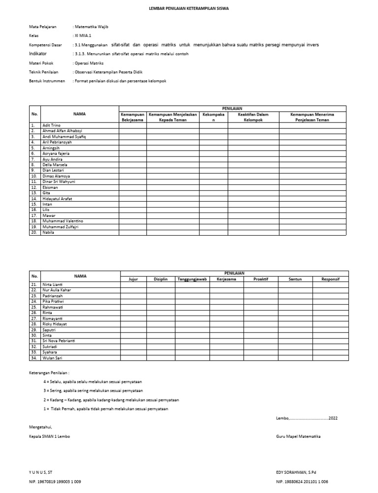 Lembar Penilaian Keterampilan Siswa | PDF