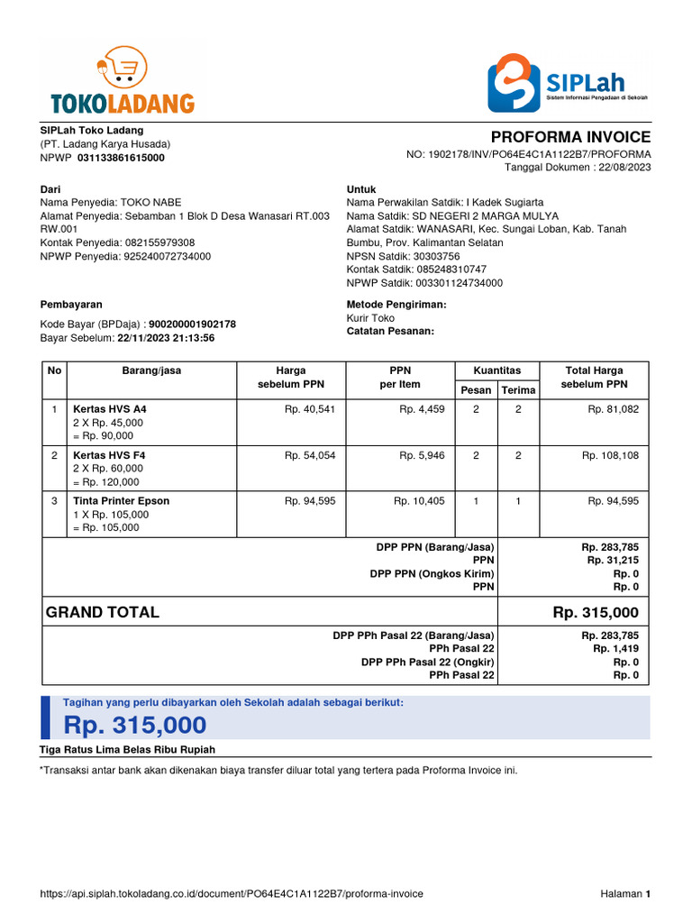 Invoice Kertas A4 F4 Tinta Epson | PDF