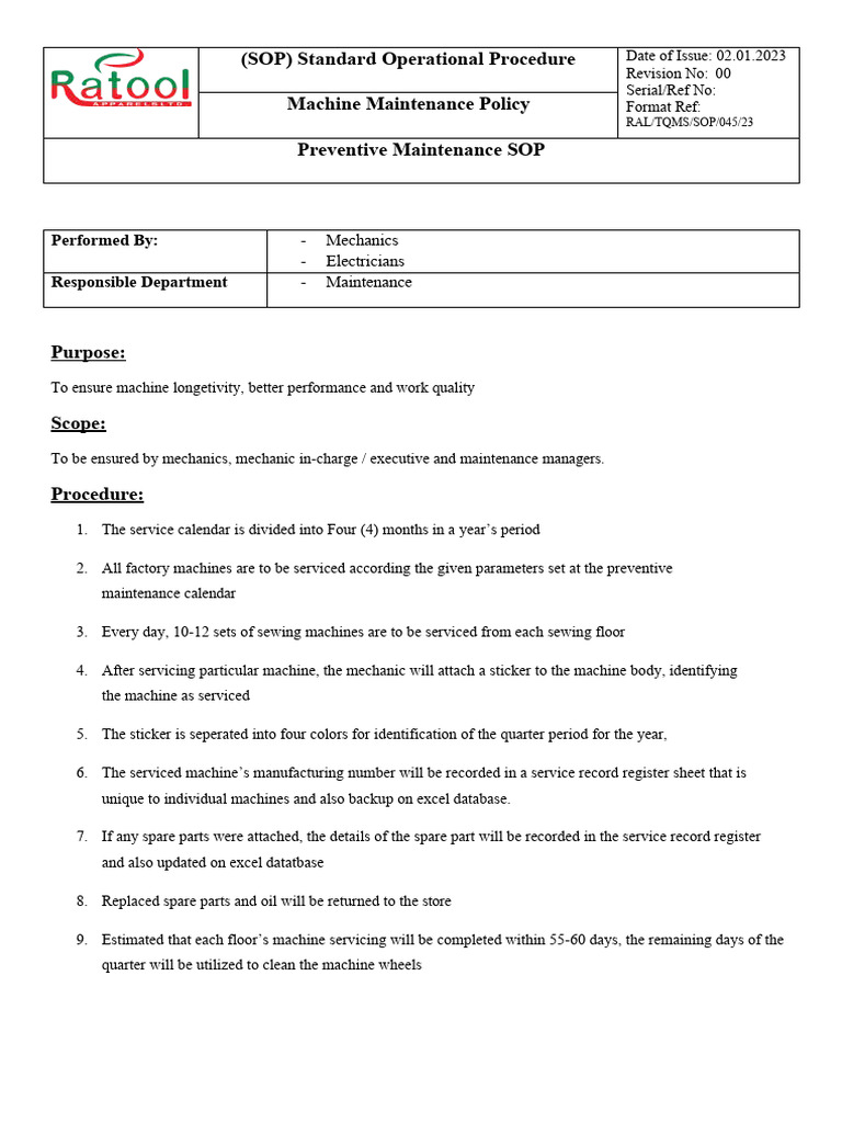 SOP 045 - Preventive Maintenance of SOP | PDF