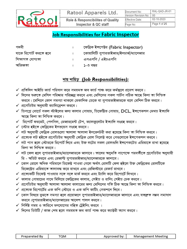 RAL-QAD-JR-01 Job Responsibilities For QI & QC Staff | PDF
