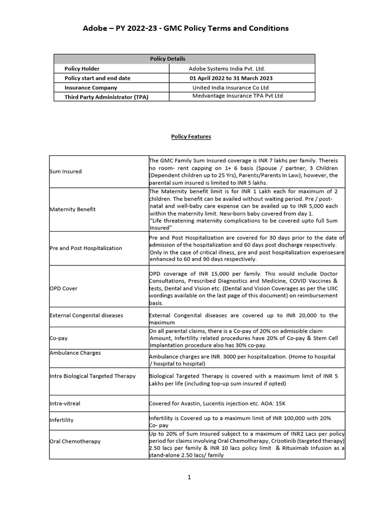 Adobe India GMC Policy 2022-23 Terms | PDF | Dentistry | Hospital