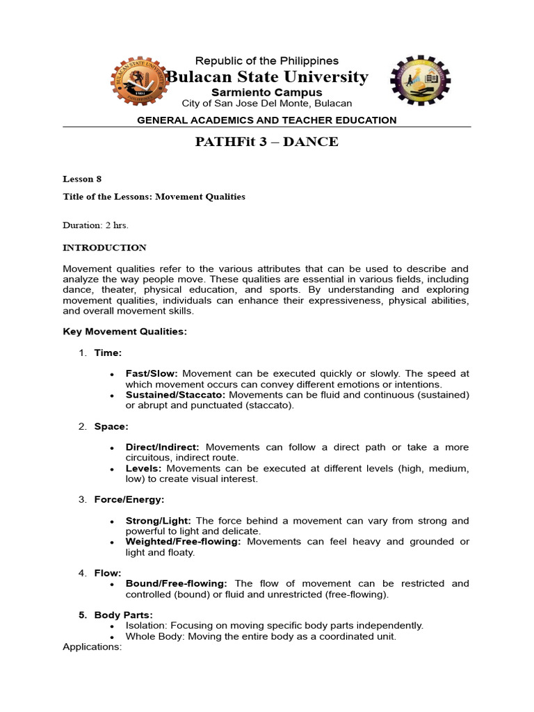 PATHFit 3 Lesson 8 Movement Qualities | PDF | Dances | Choreography