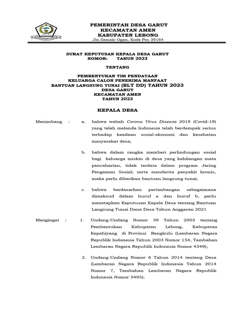 SK Tim Pendataan BLT | PDF