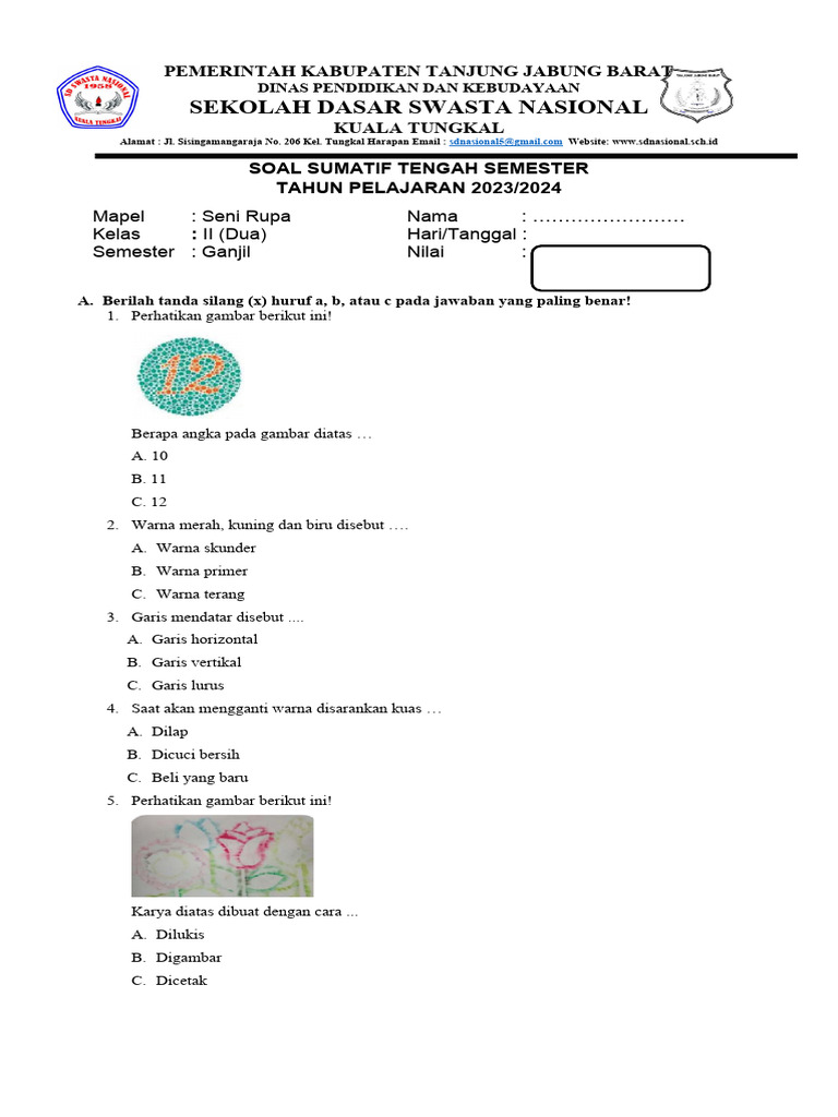 Soal STS Seni Rupa Kelas 2 semester 1 | PDF