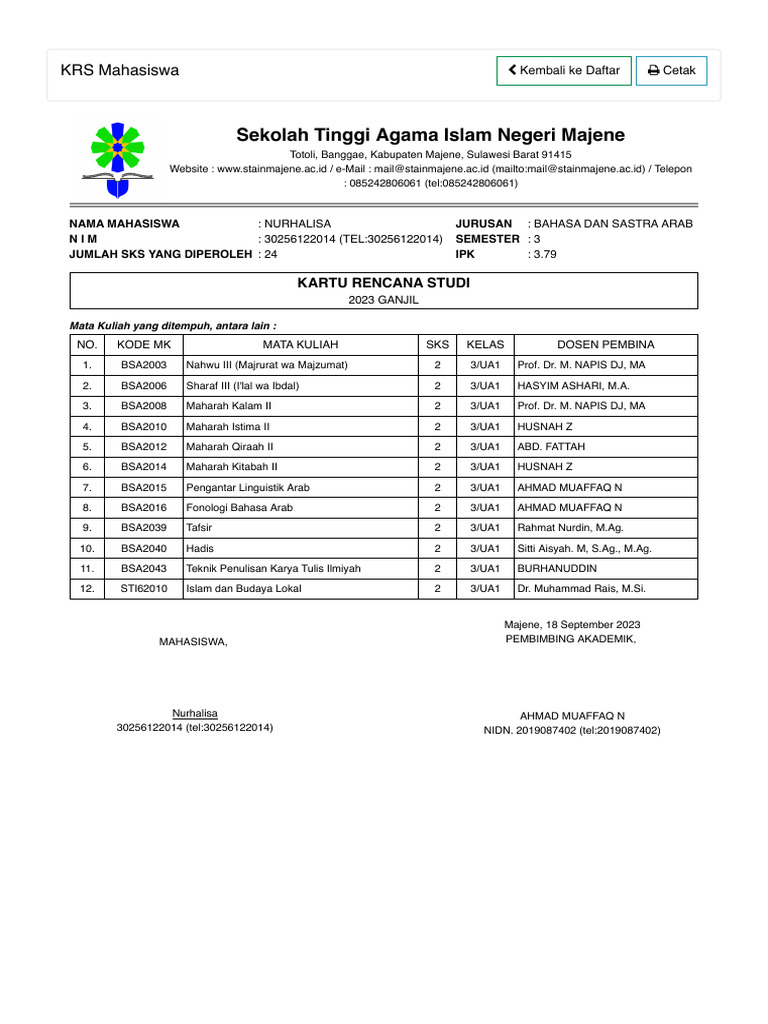 KRS Nurhalisa Semester 3 | PDF