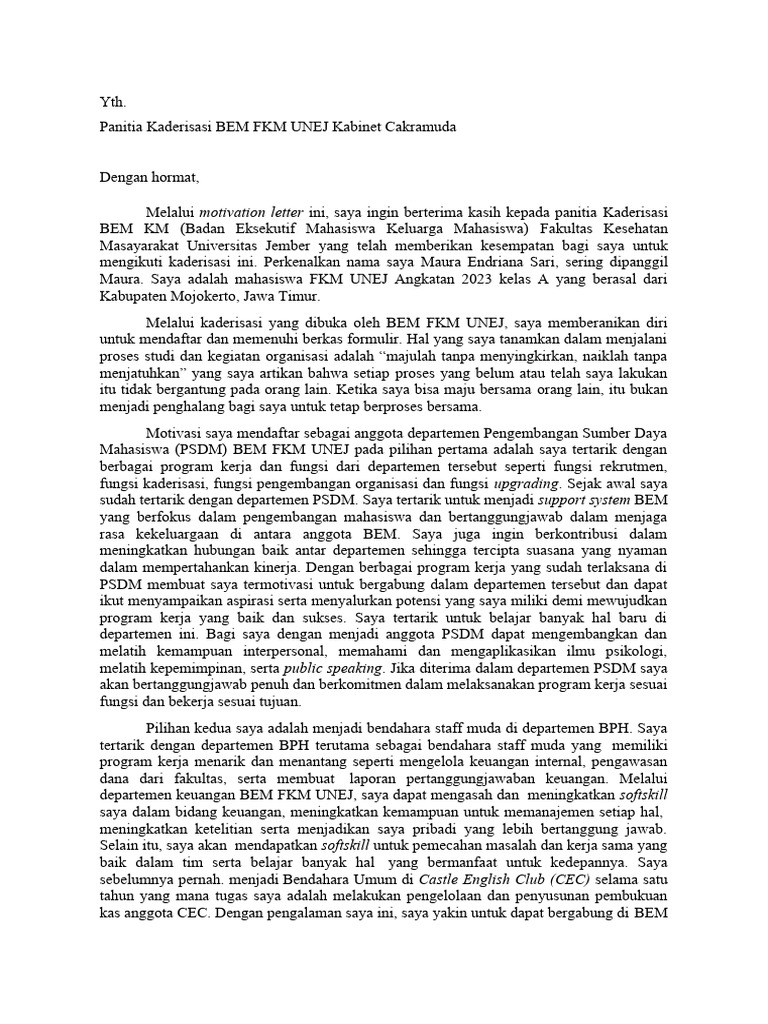 Motivation Letter Maura Endriana Sari | PDF