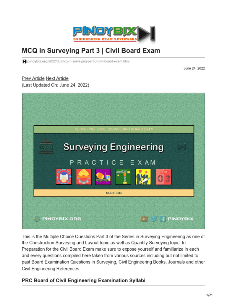 MCQ in Surveying Part 3 Civil Board Exam | PDF