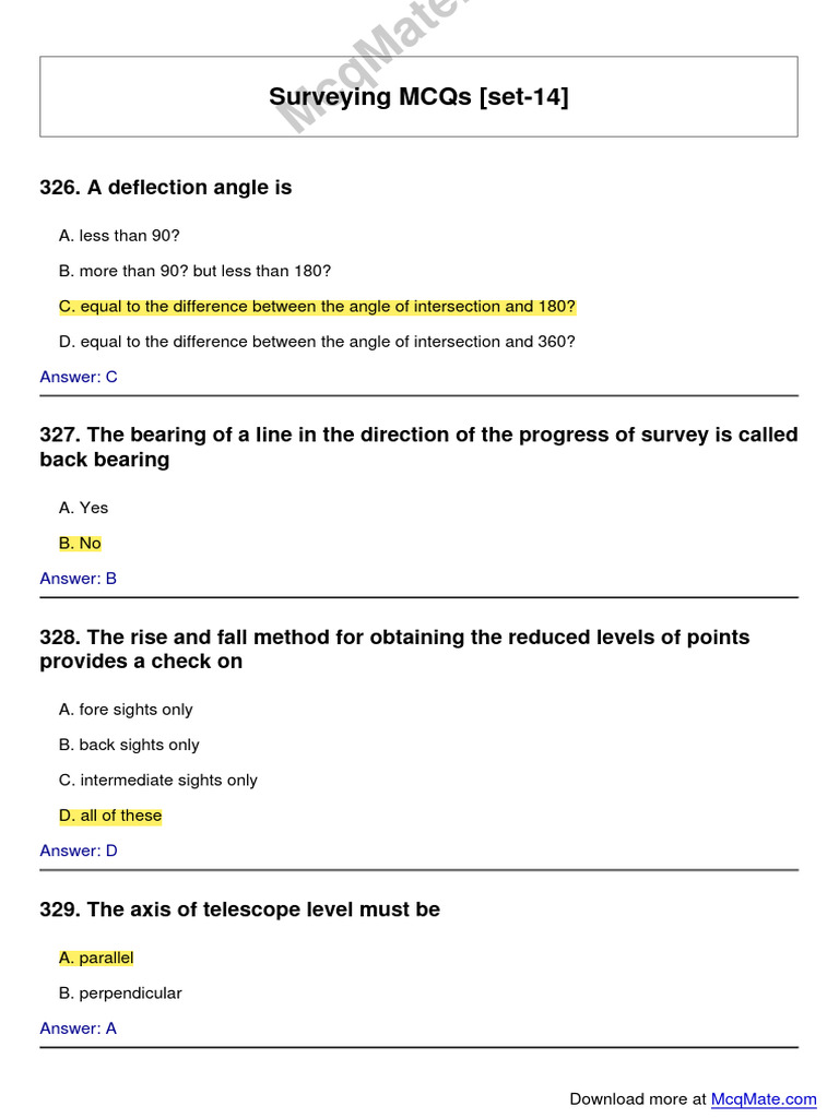 Surveying Solved MCQs (Set-14) | PDF | Surveying | Angle