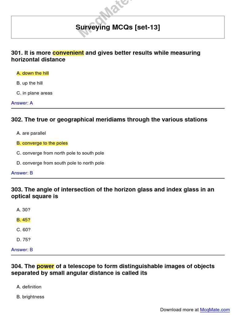 Surveying Solved MCQs (Set-13) | PDF | Surveying | Metrology Surveying Solved MCQs (Set-13) | PDF | Surveying | Metrology