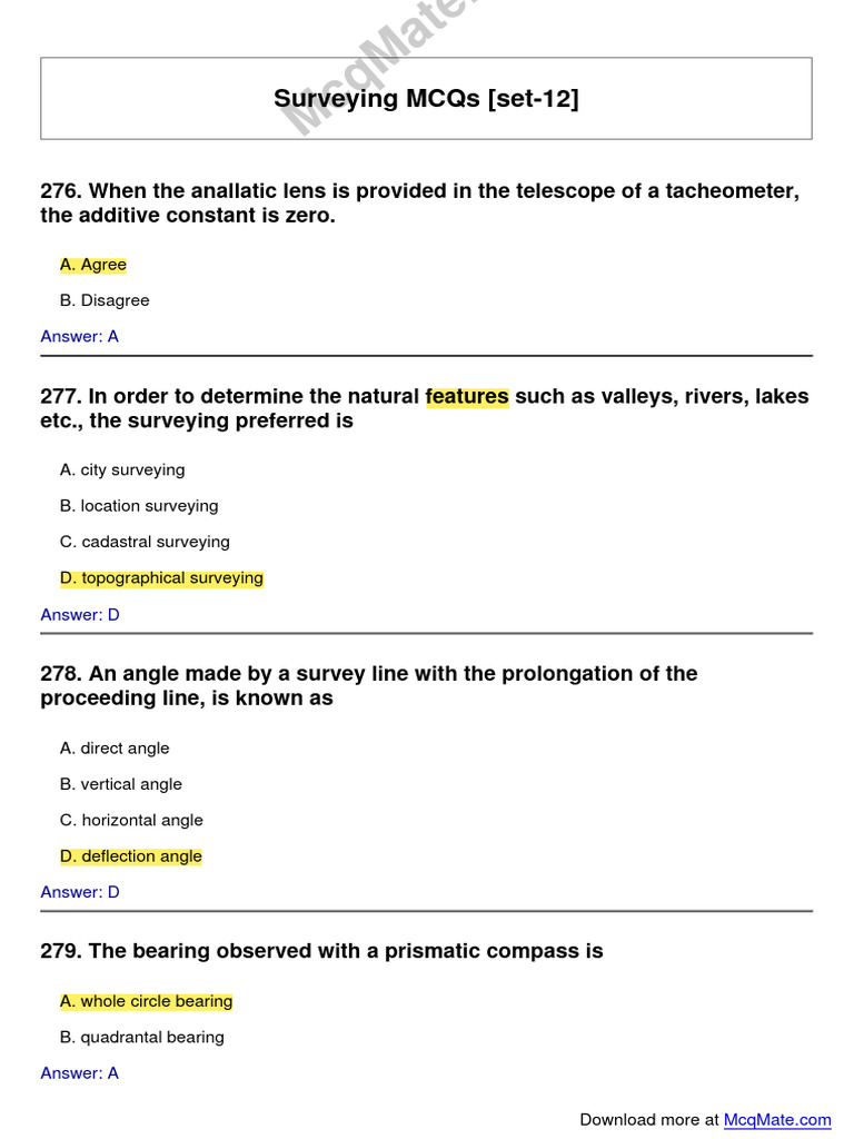 Surveying Solved MCQs (Set-12) | PDF