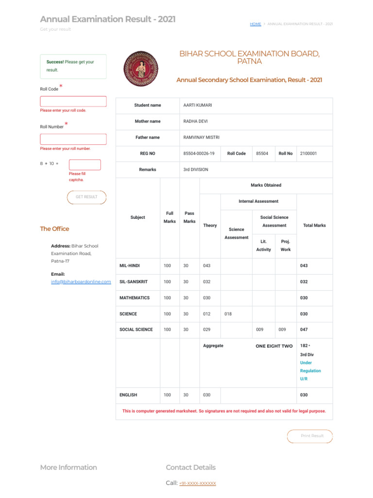 Annual Examination Result - 2021 - School and Examination Manager | PDF
