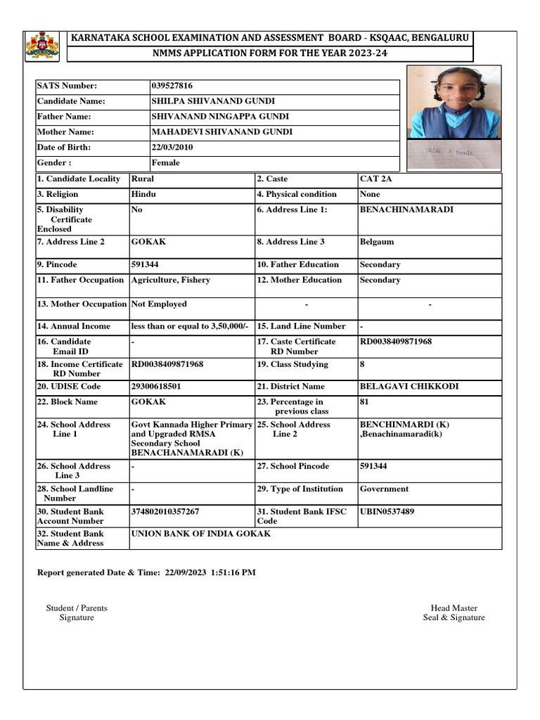 Karnataka School Examination and Assessment Board - Ksqaac, Bengaluru Nmms Application Form For ...