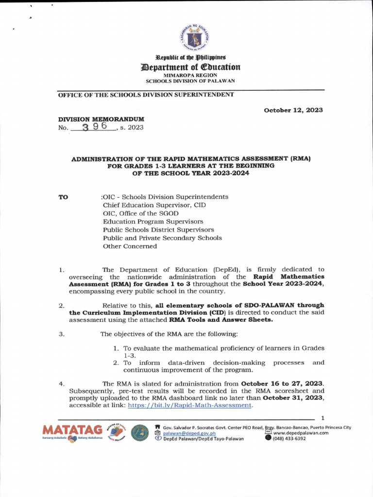 Division Memorandum No. 396 S. 2023 Administration of The Rapid ... Division Memorandum No. 396 S. 2023 Administration of The Rapid ...