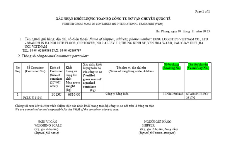 Bieu Mau Phieu Can SOLAS-VGM (2428CHH) V01 | PDF