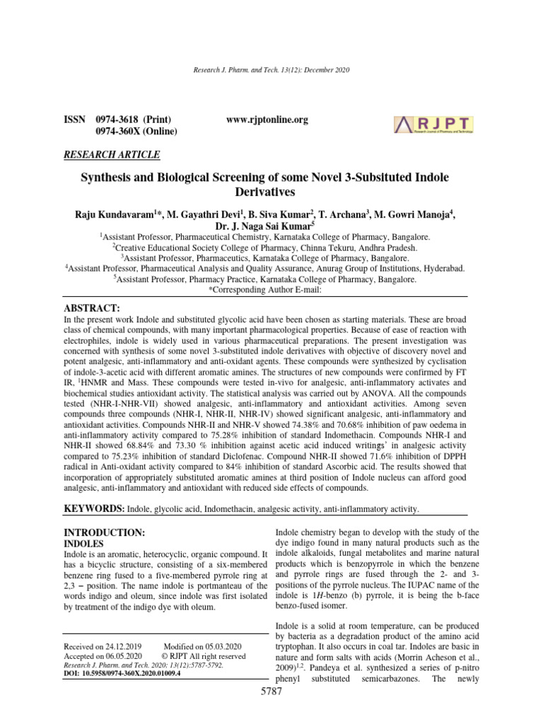 Synthesis and Biological Screening of Some Novel 3-Subsituted Indole ...