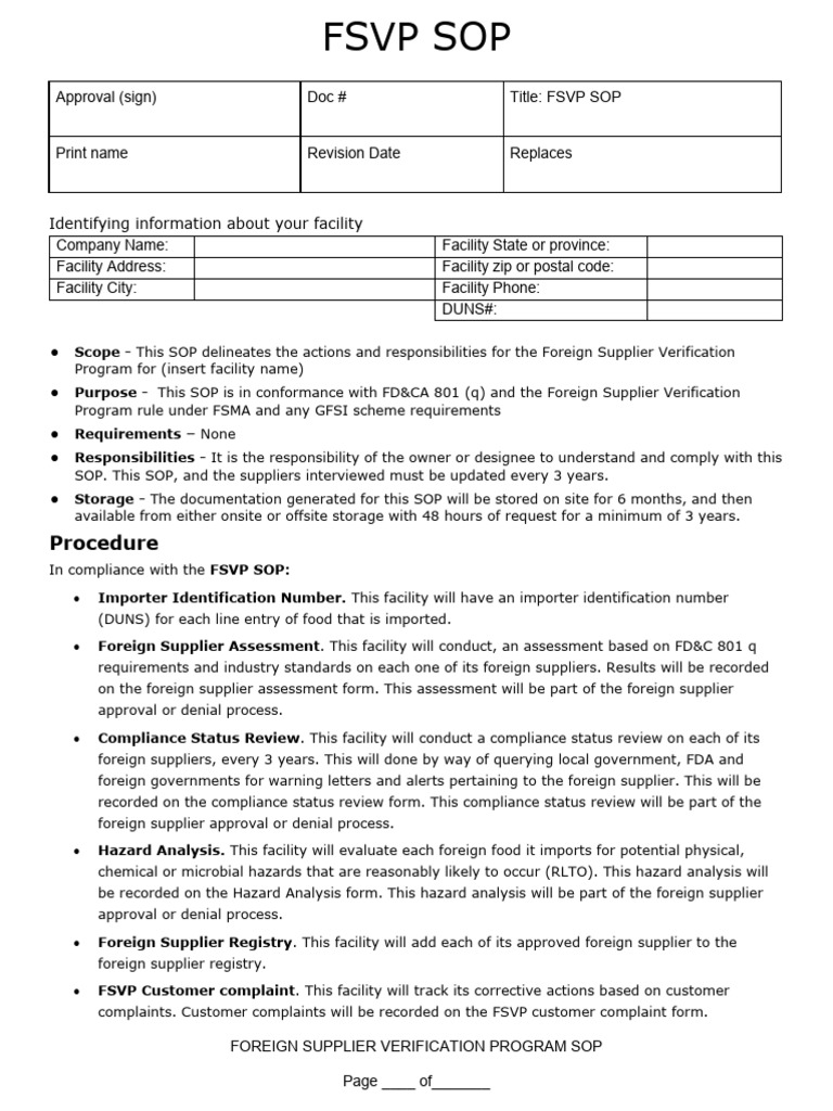 FSVP Sop | Download Free PDF | Verification And Validation | Hazard Analysis And Critical ...
