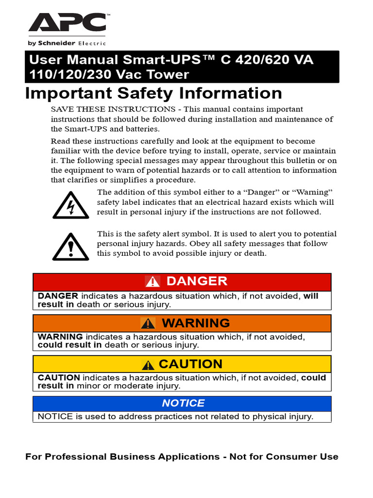 Important Safety Information: User Manual Smart-UPS™ C 420/620 VA 110 ...