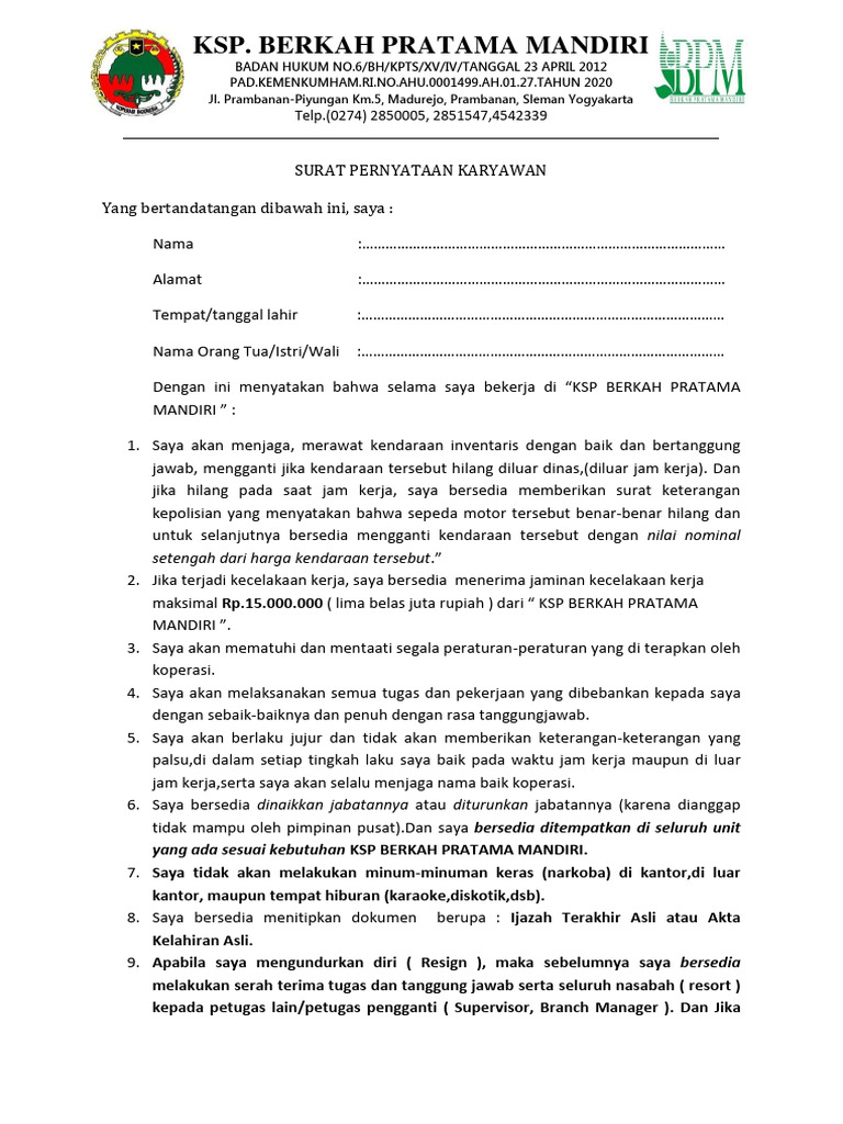 Surat Pernyataan Karyawan KSP Berkah Mandiri | PDF | Karier & Perkembangan