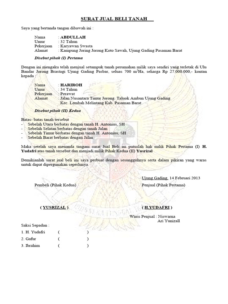 Surat Jual Beli Tanah Tombang Jarung | PDF