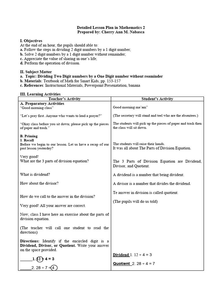 Dividing Two-Digit Numbers Lesson Plan | PDF | Division (Mathematics ...