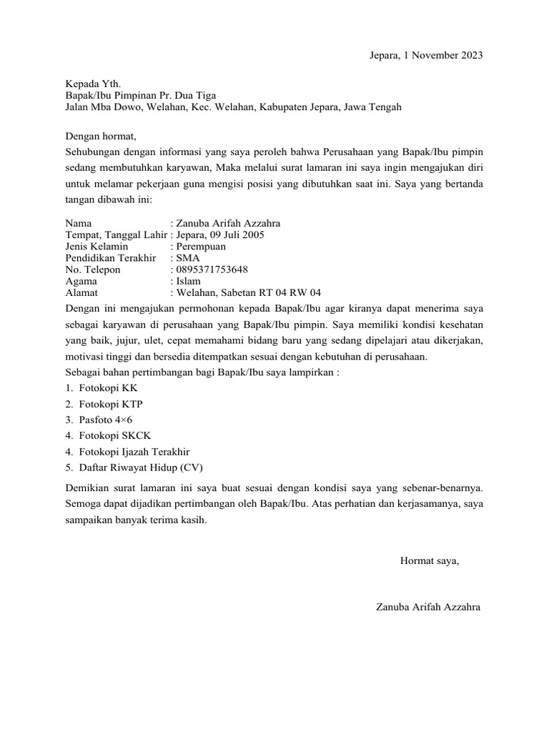 Lamaran Pekerjaan di Pr. Dua Tiga Jepara | PDF