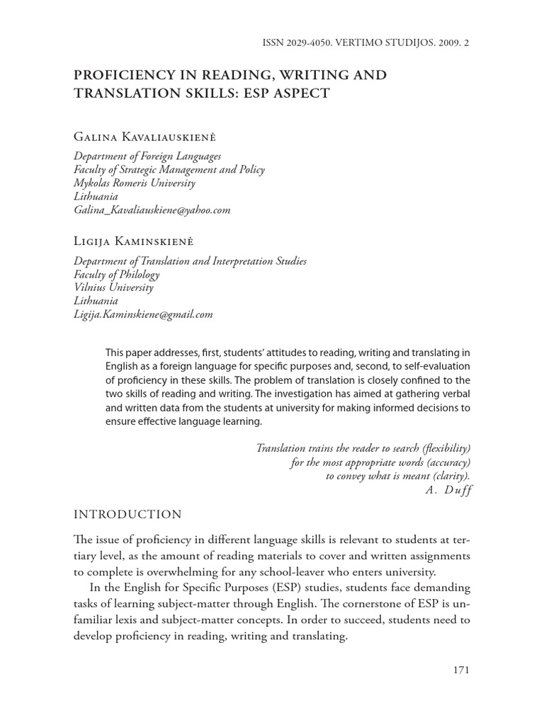 Proficiency in Reading Writing and Translation Ski | PDF