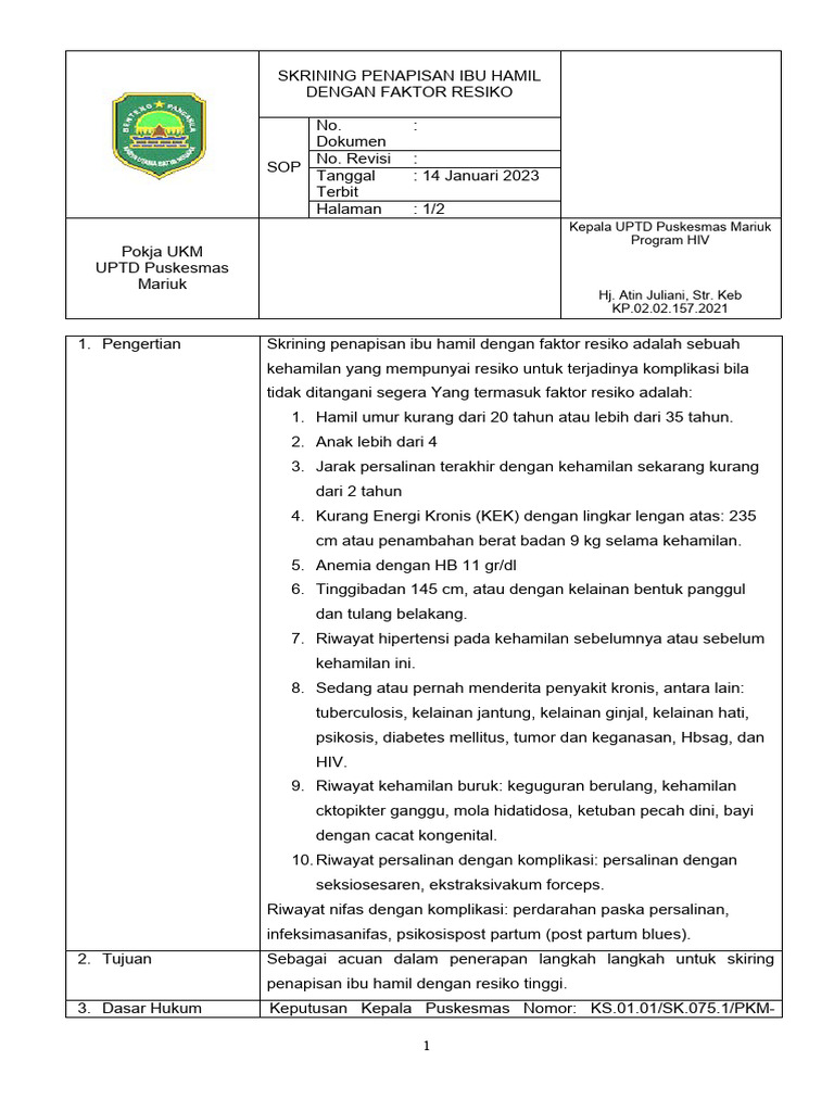 Sop Skrining Penapisan Ibu Hamil Dengan Faktor Resiko | PDF