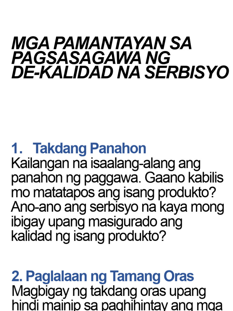 Mga Pamantayan Sa Pagsasagawa NG De-Kalidad Na Serbisyo | PDF