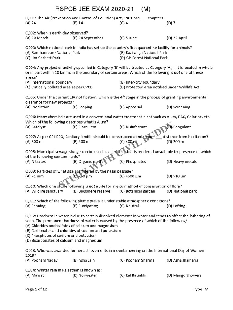 RSPCB Jee Paper With Answer Key 2020-21 | PDF