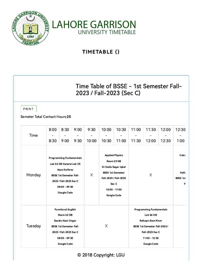 Timetable Bsse | PDF