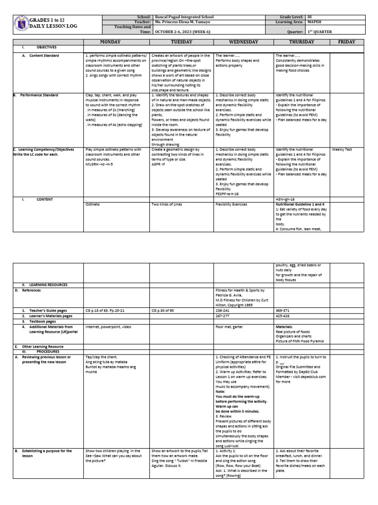 DLL - Mapeh 3 - Q1 - W6 | PDF | Flexibility (Anatomy) | Learning