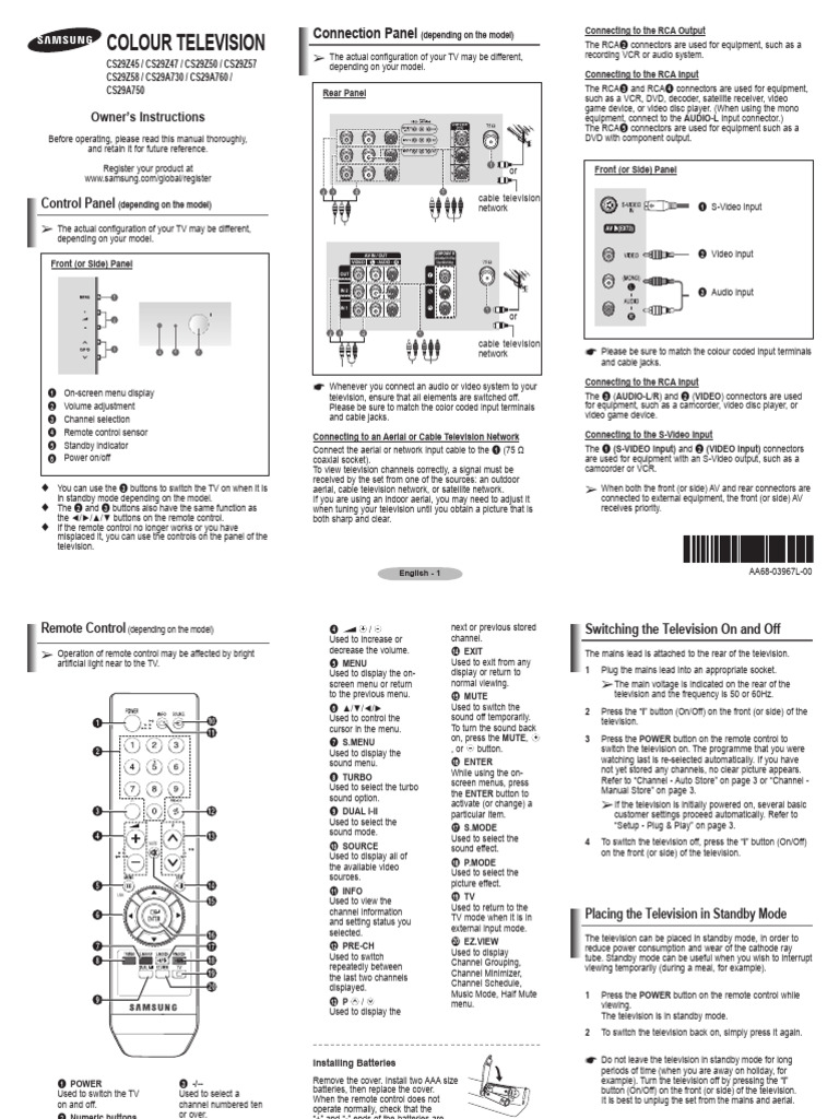 Samsung CS-29Z45M1 Television | PDF | Menu (Computing) | Video