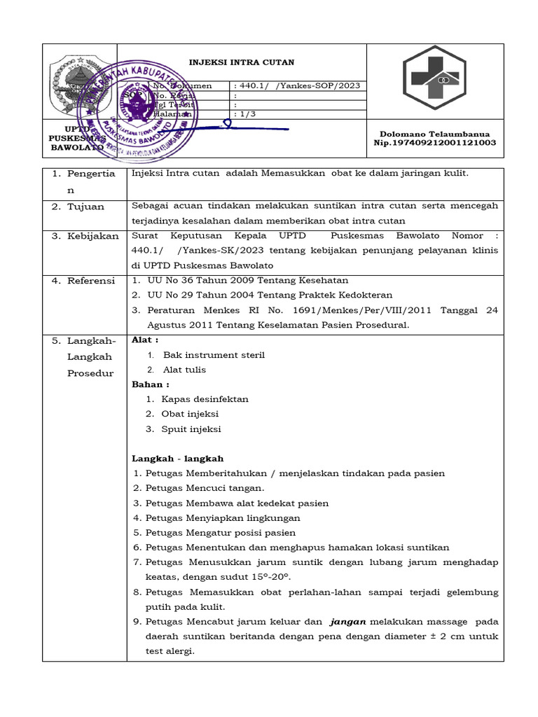 Sop Injeksi Intra Cutan | PDF