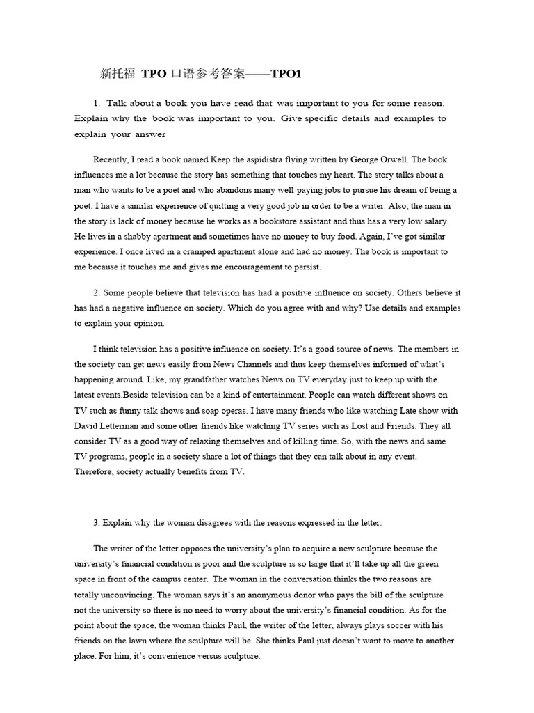 TPO 1 24 Speaking Answers PDF | PDF | Motivation | Motivational