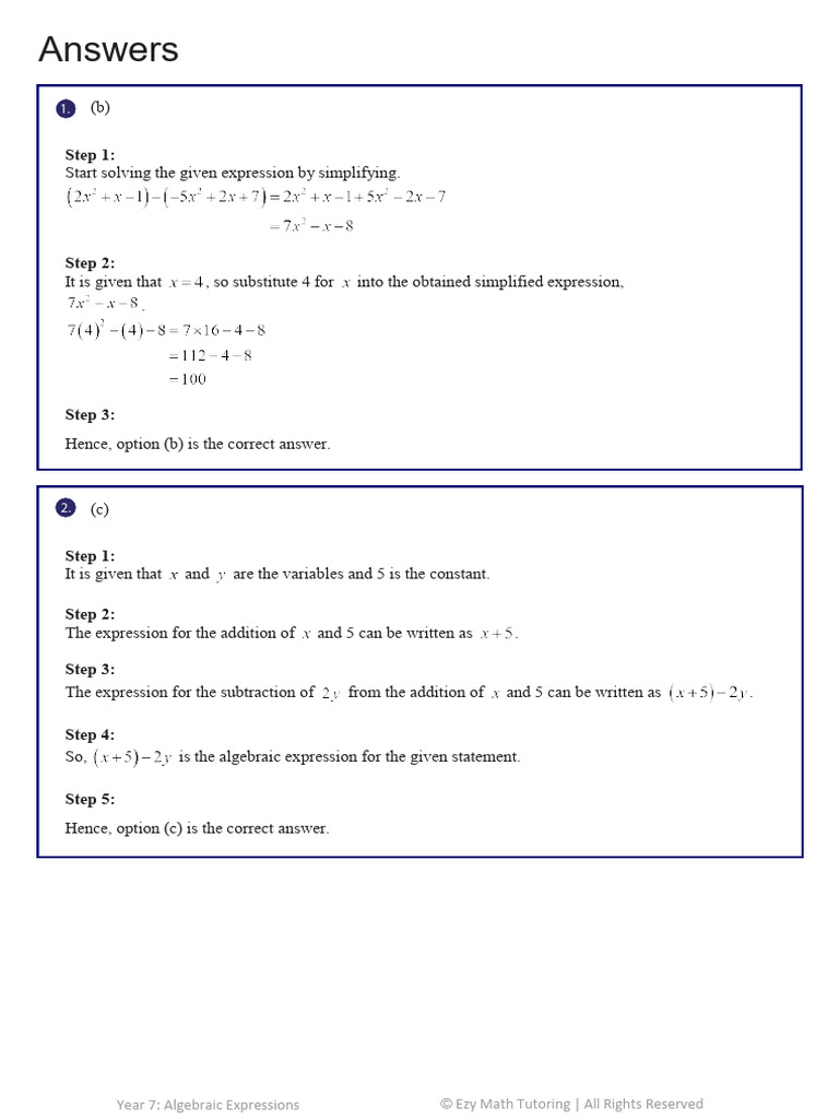 Year 7 Algebraic Expressions Guide | PDF