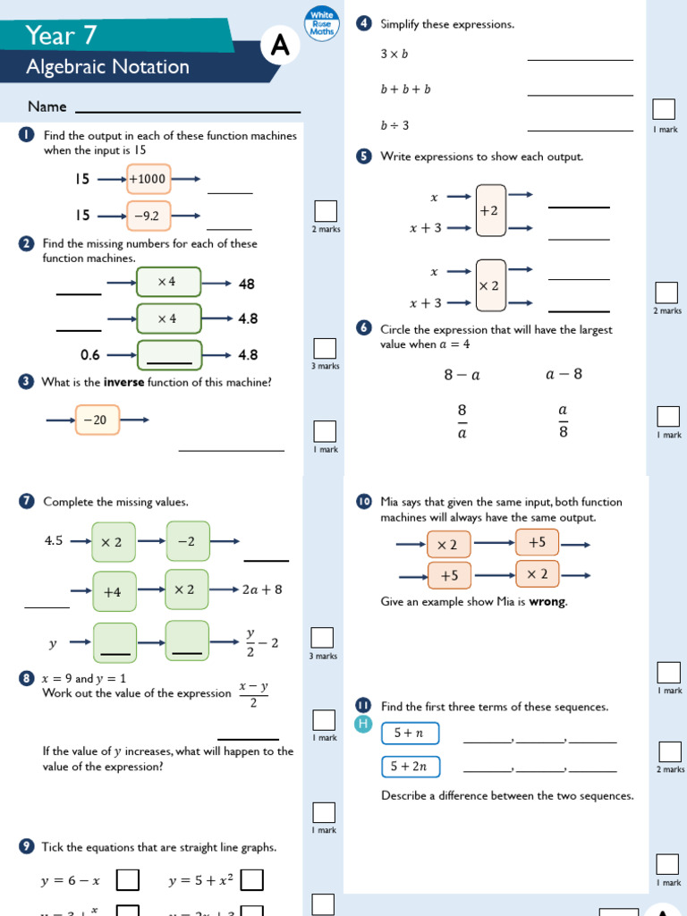 Year 7 Autumn 2 Algebraic Notation Mini Assessment A 2 | PDF | Function ...