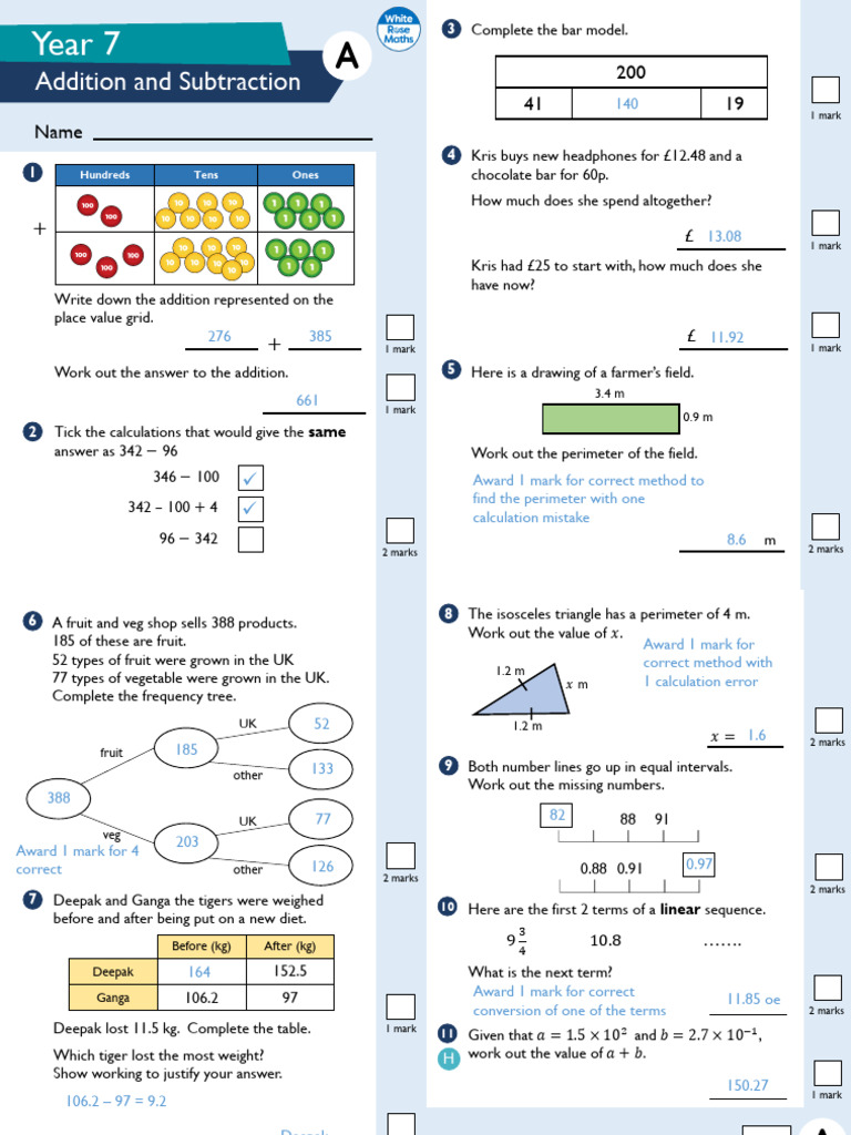 WRM Year7 Spring Block 1 Addition and Subtraction Mini Assessment ...