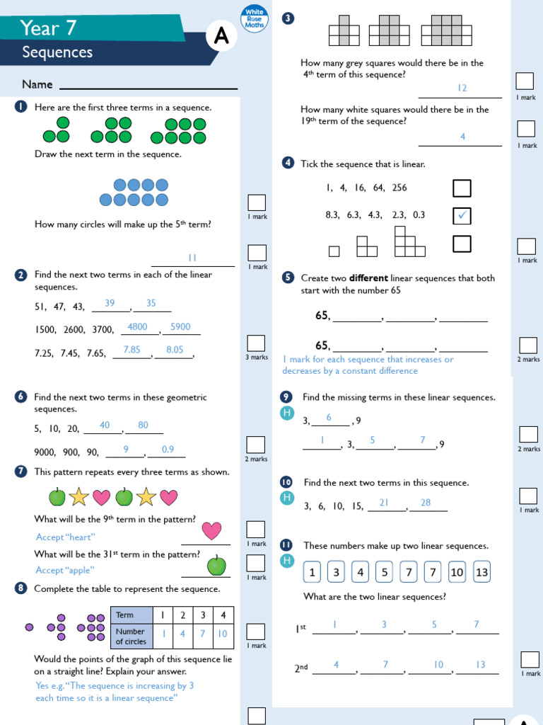Year 7 Autumn 1 Sequences Mini Assessment Answers A | PDF | Mathematics ...