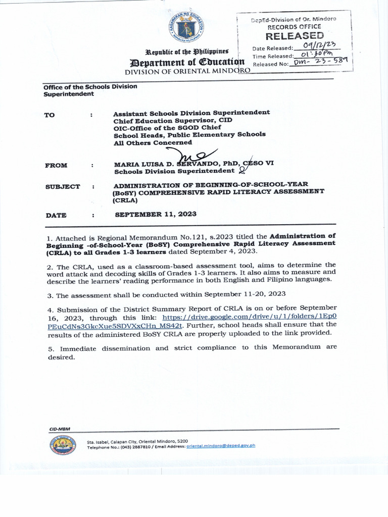 DM Administration of Beginning of School Year (BoSY) Comprehensive ...