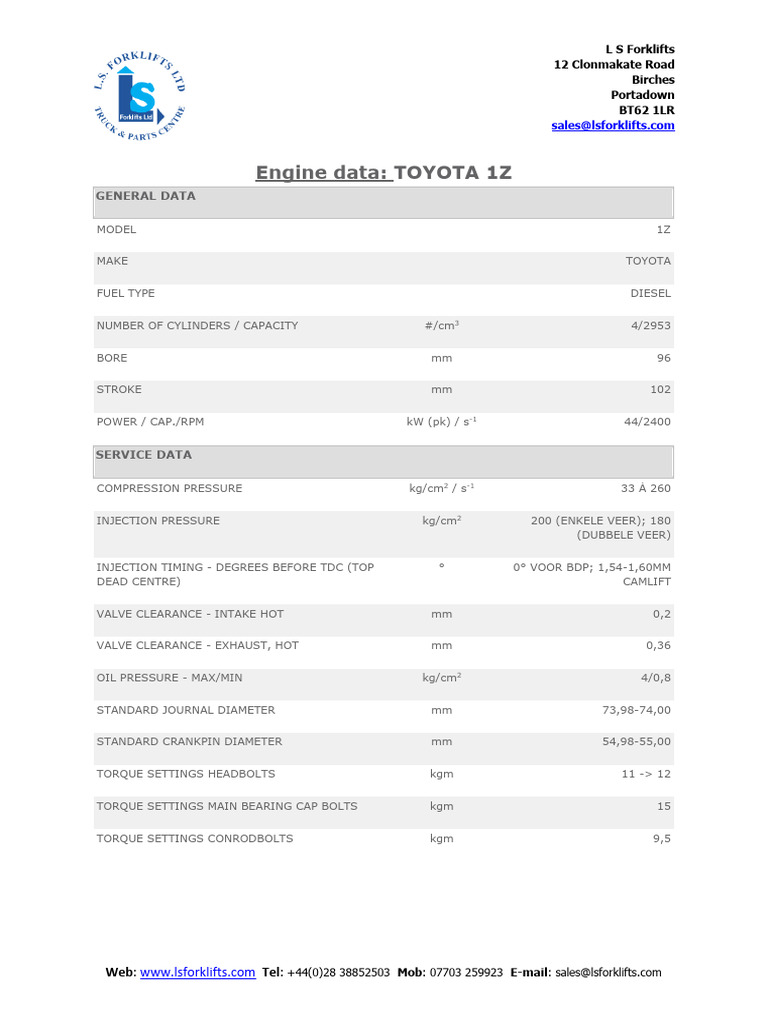 Toyota 1Z Engine Data | Download Free PDF | Diesel Engine | Vehicles