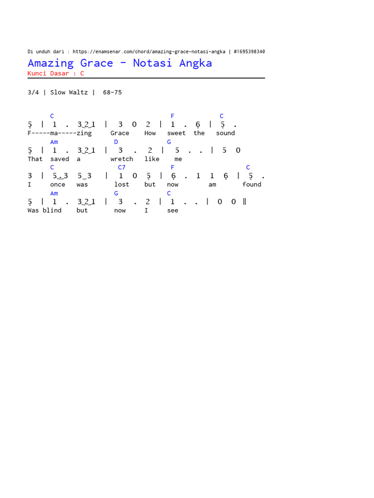 Amazing Grace - Notasi Angka Key-C KORD - ONE | PDF