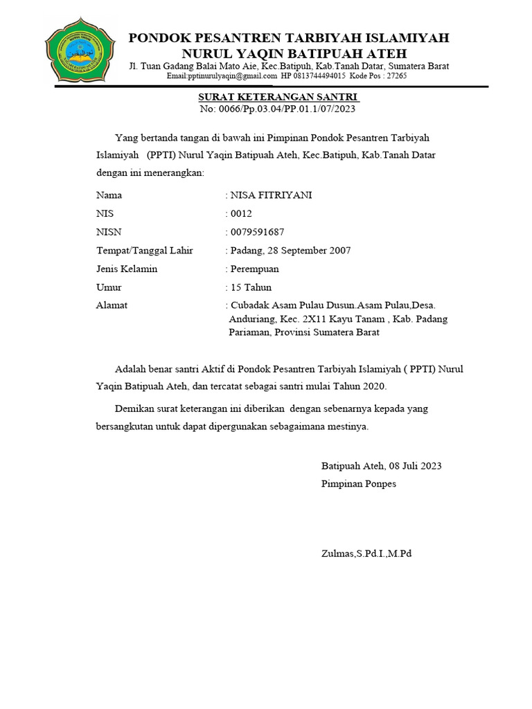 066 Surat Keterangan Santri Aktif | PDF